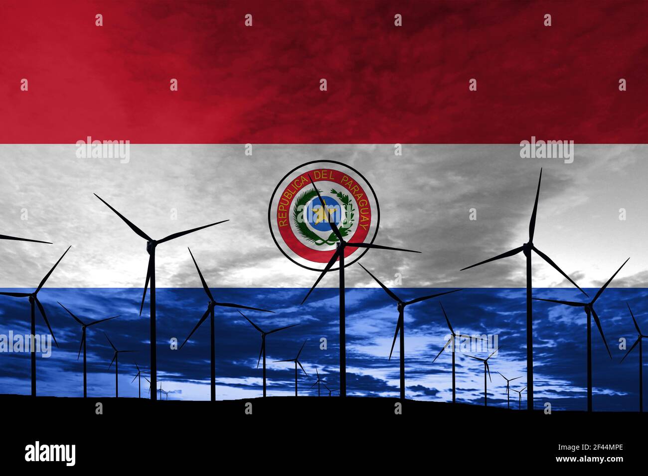 Paraguay flag wind farm at sunset, sustainable development, renewable ...