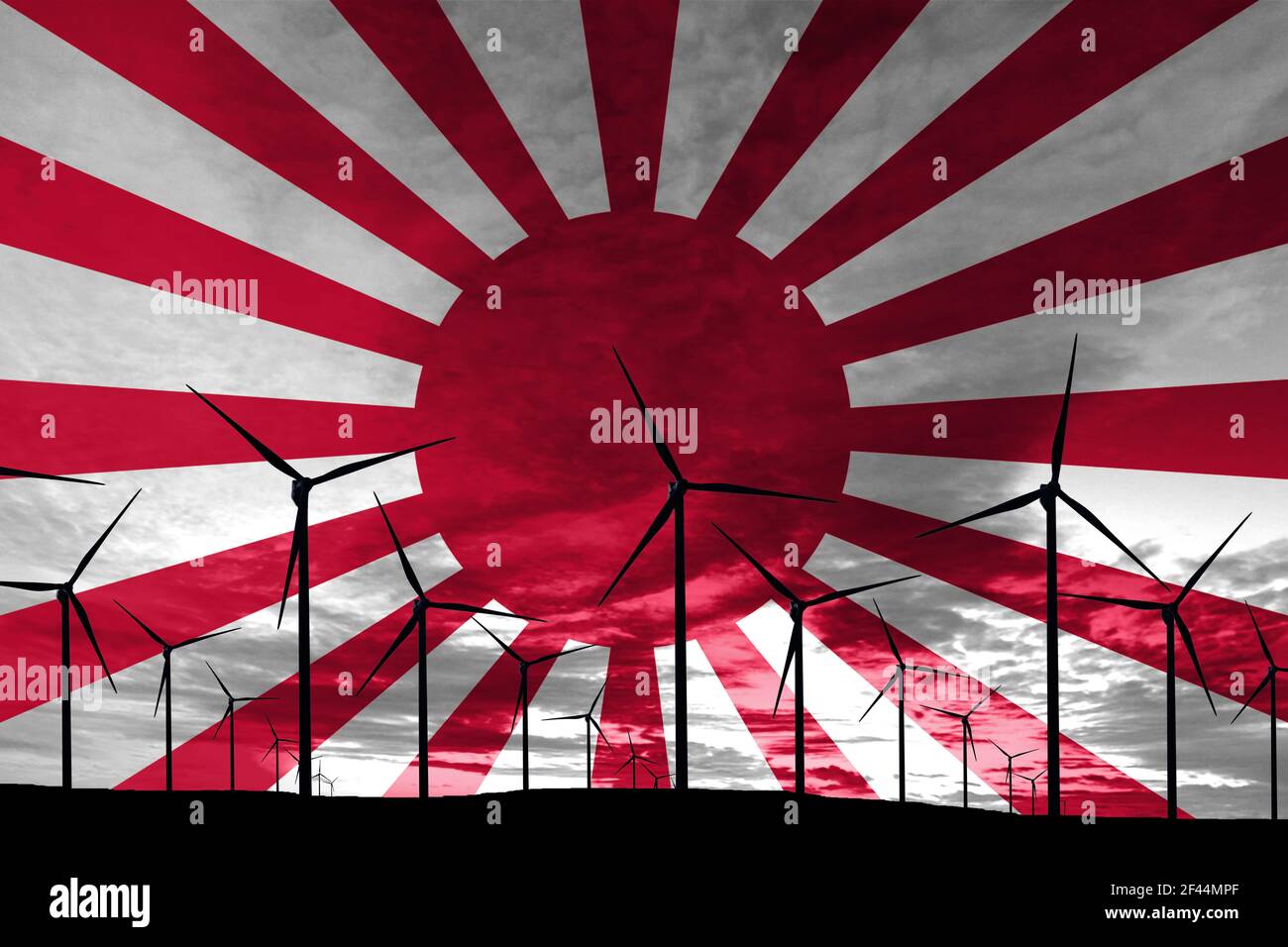Rising Sun flag wind farm at sunset, sustainable development, renewable ...
