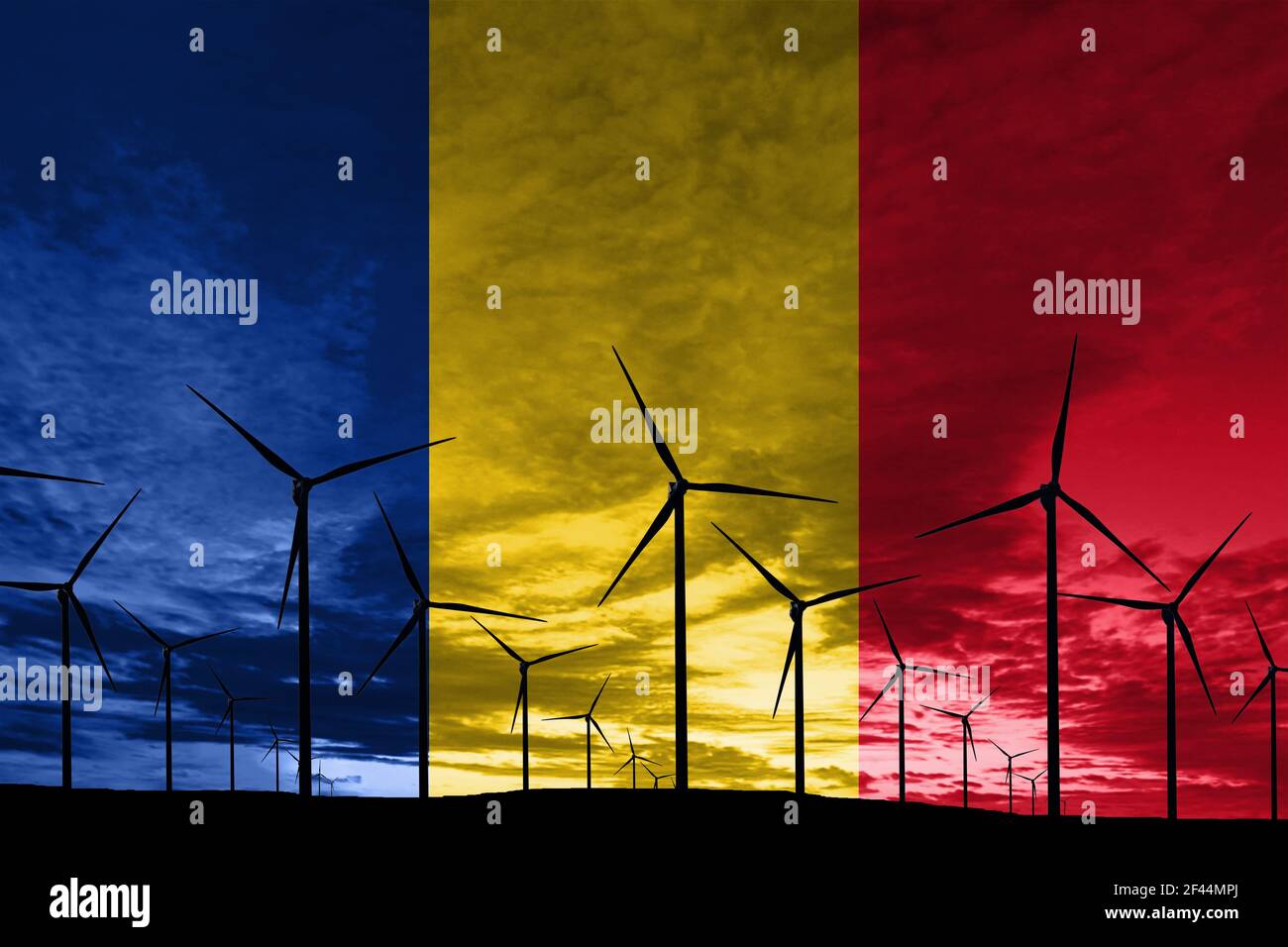 Romania flag wind farm at sunset, sustainable development, renewable ...
