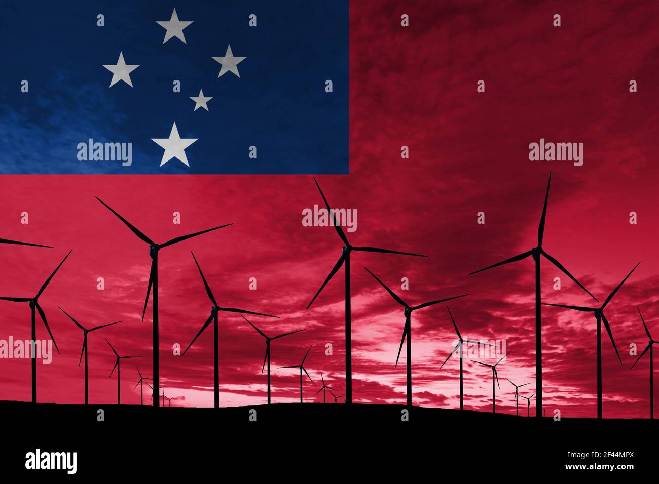 Samoa flag wind farm at sunset, sustainable development, renewable ...
