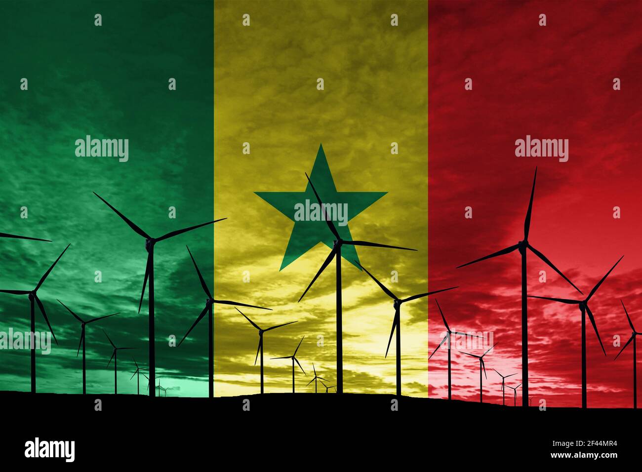 Senegal flag wind farm at sunset, sustainable development, renewable ...