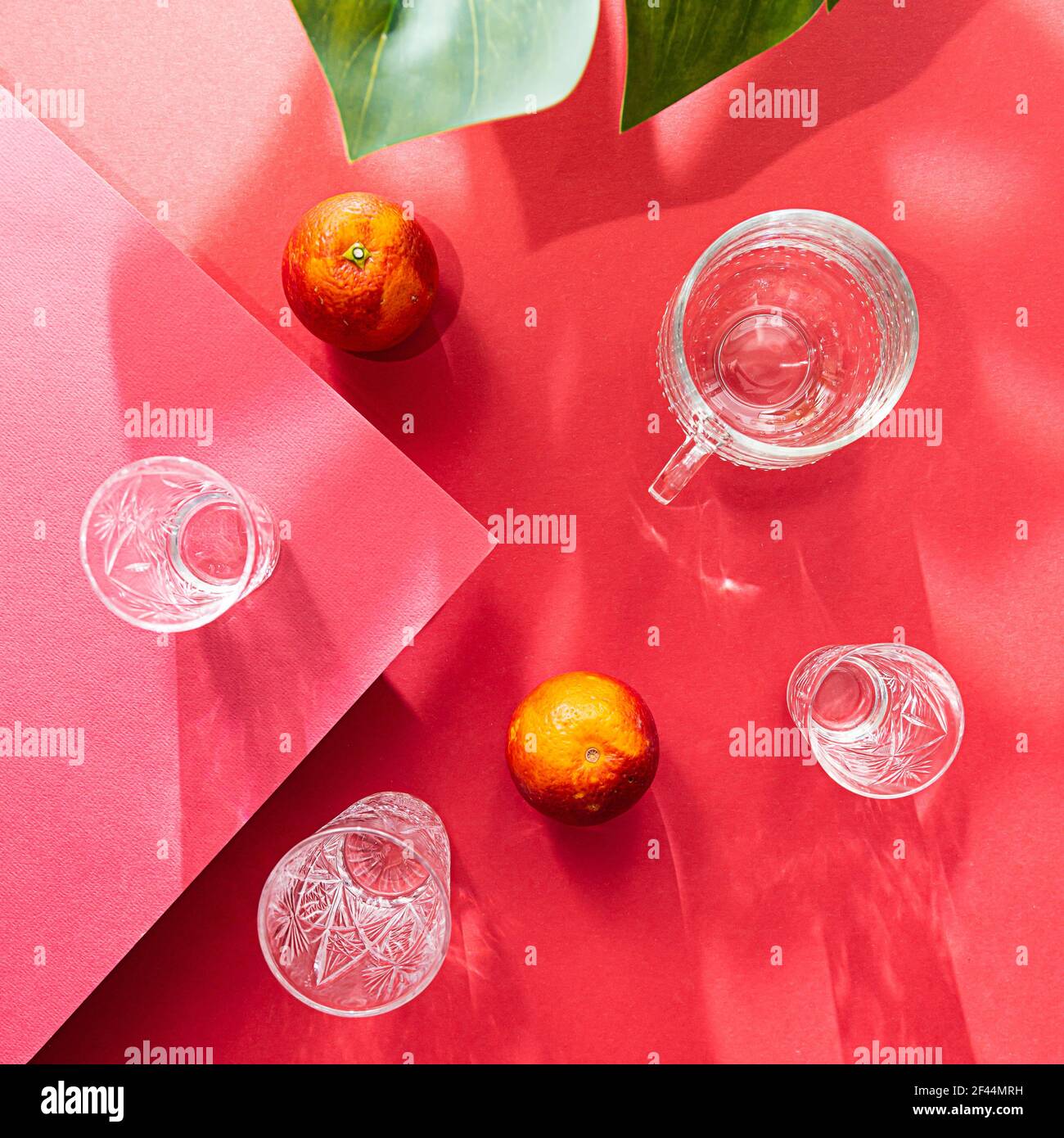 Minimalistic still life of orange fruits and glasses of water top view ...