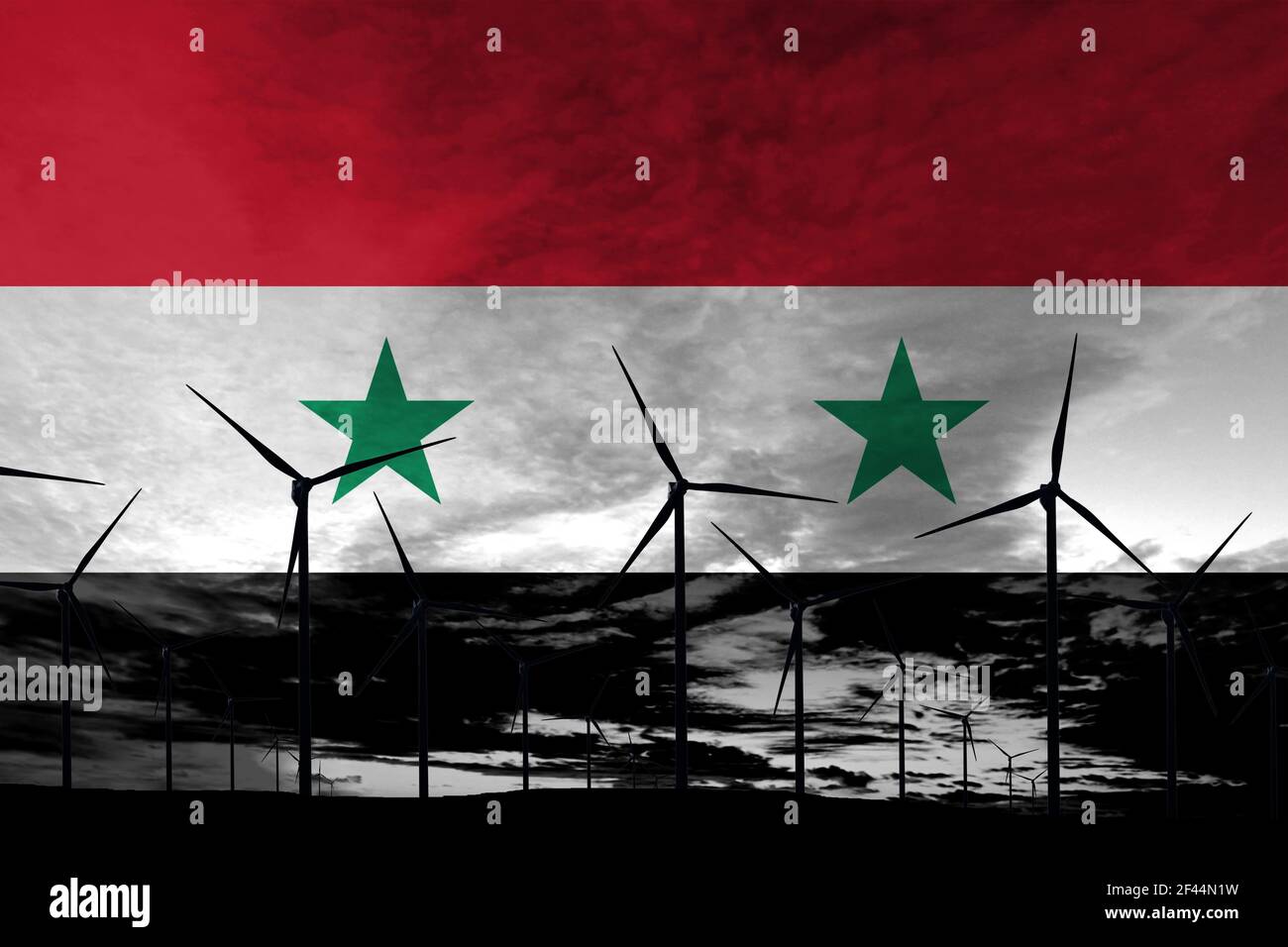Syria flag wind farm at sunset, sustainable development, renewable ...