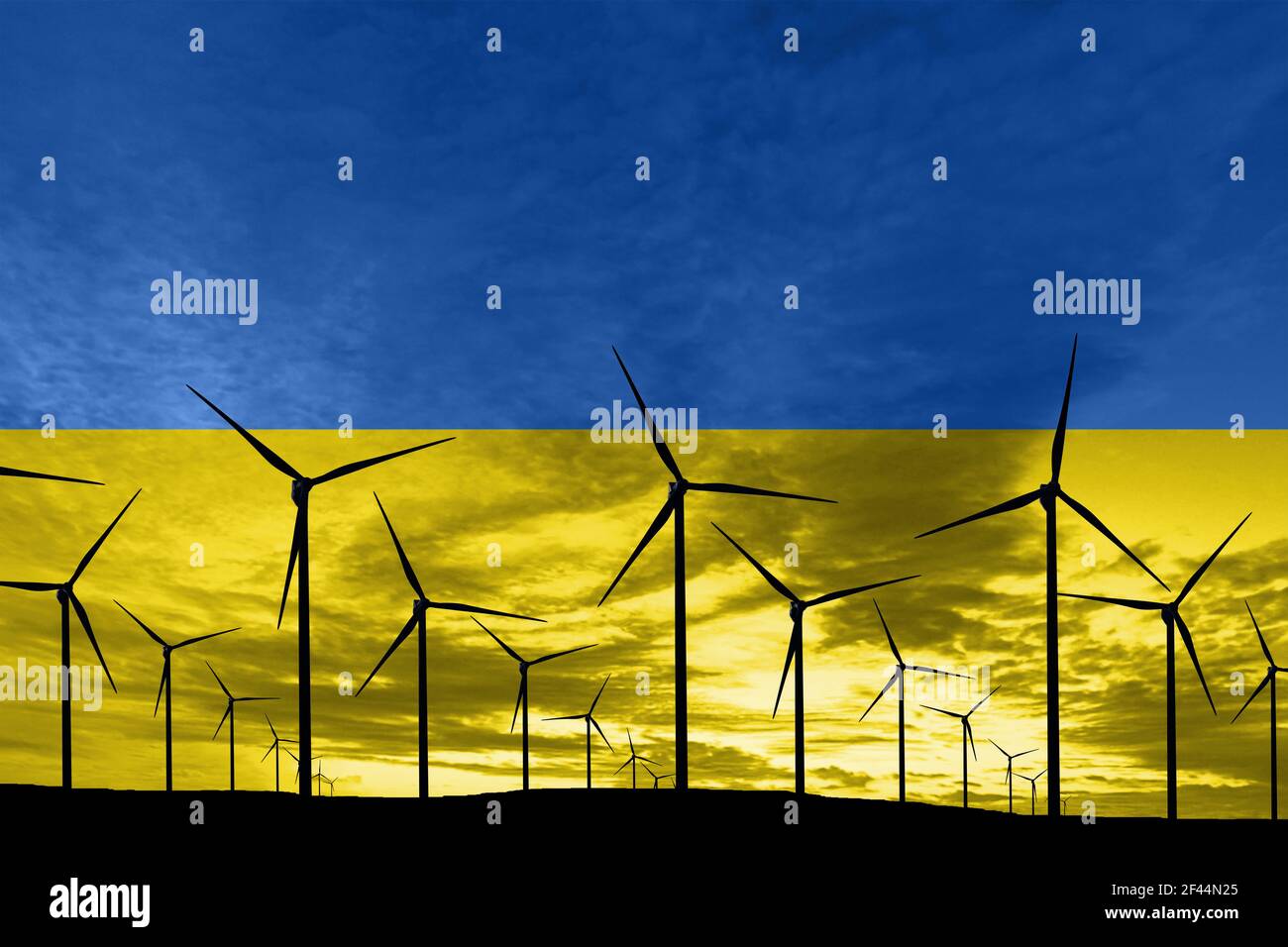 Ukraine flag wind farm at sunset, sustainable development, renewable ...