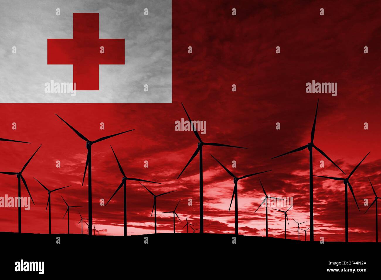 Tonga flag wind farm at sunset, sustainable development, renewable ...