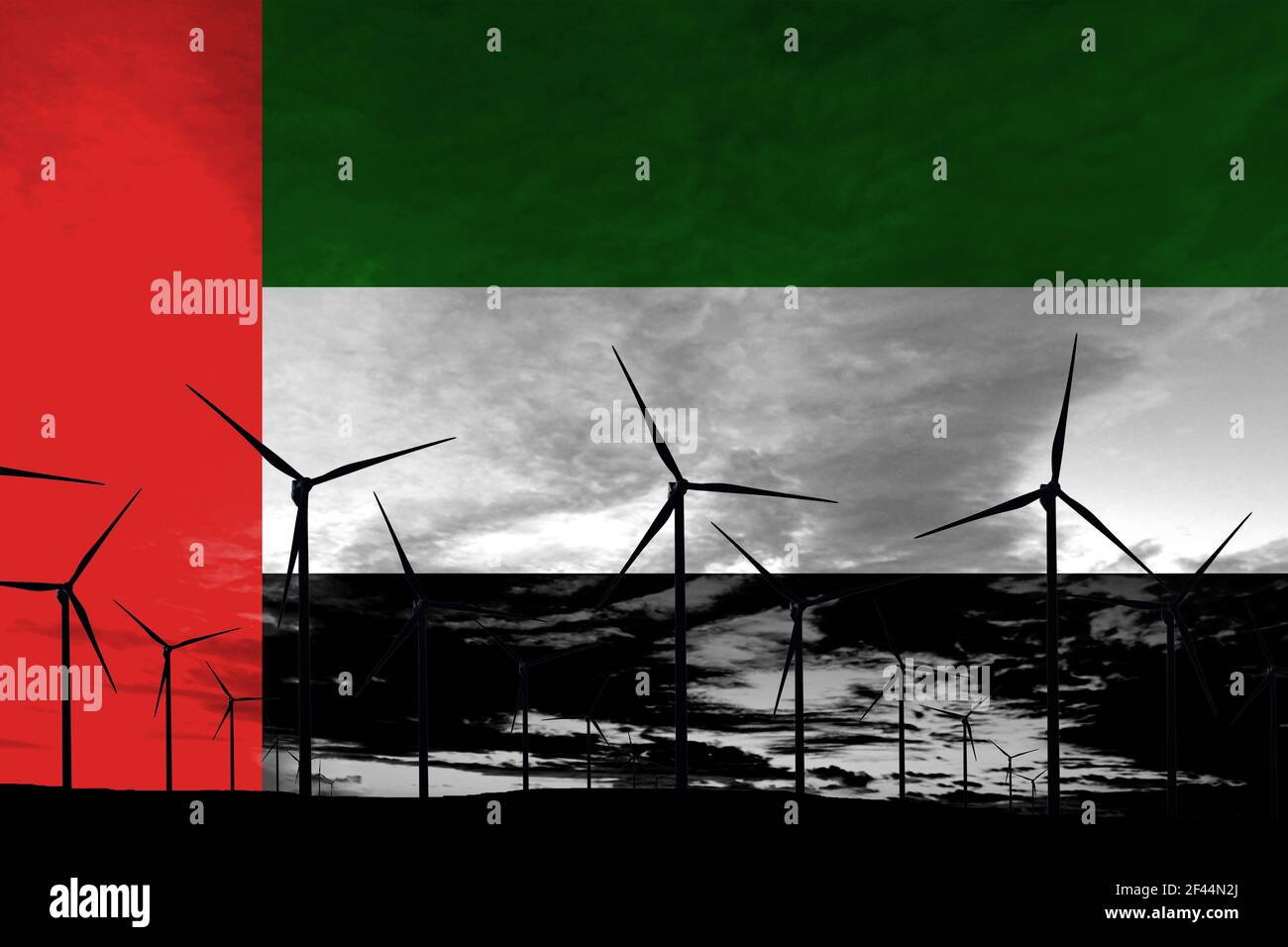 United Arab Emirates flag wind farm at sunset, sustainable development ...