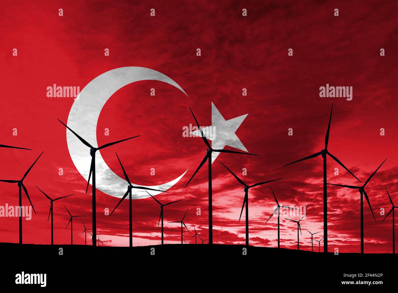 Turkey flag wind farm at sunset, sustainable development, renewable ...
