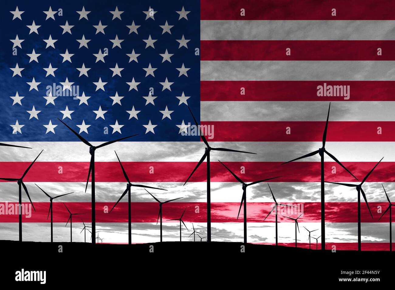 United States flag wind farm at sunset, sustainable development ...
