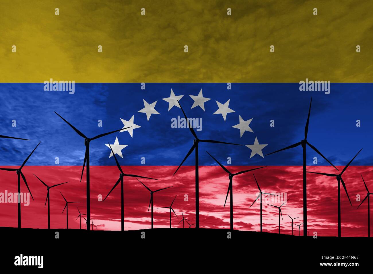 Venezuela flag wind farm at sunset, sustainable development, renewable ...