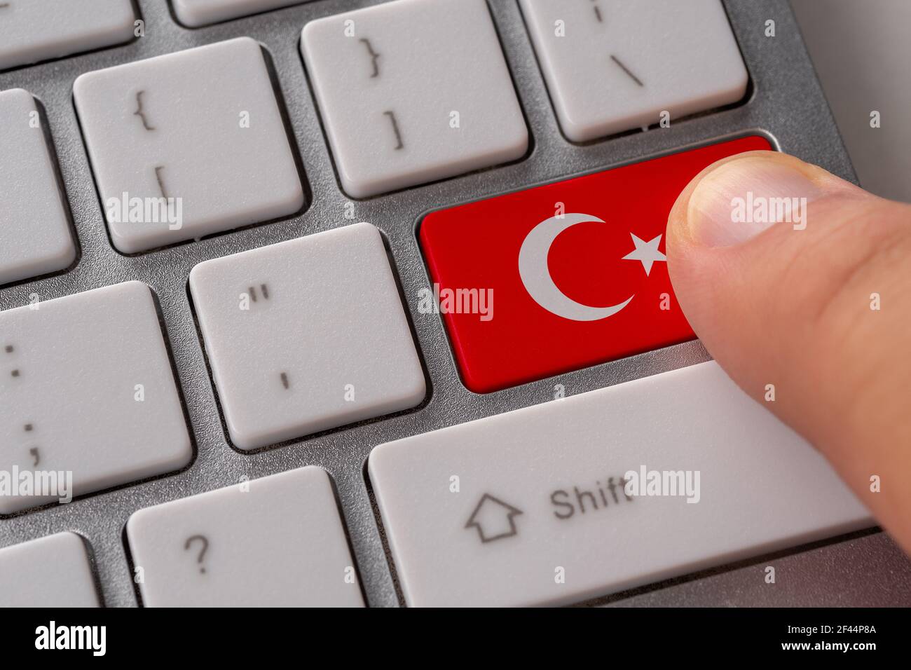 Male hand pressing keyboard button with flag of Turkey on it. Online ...