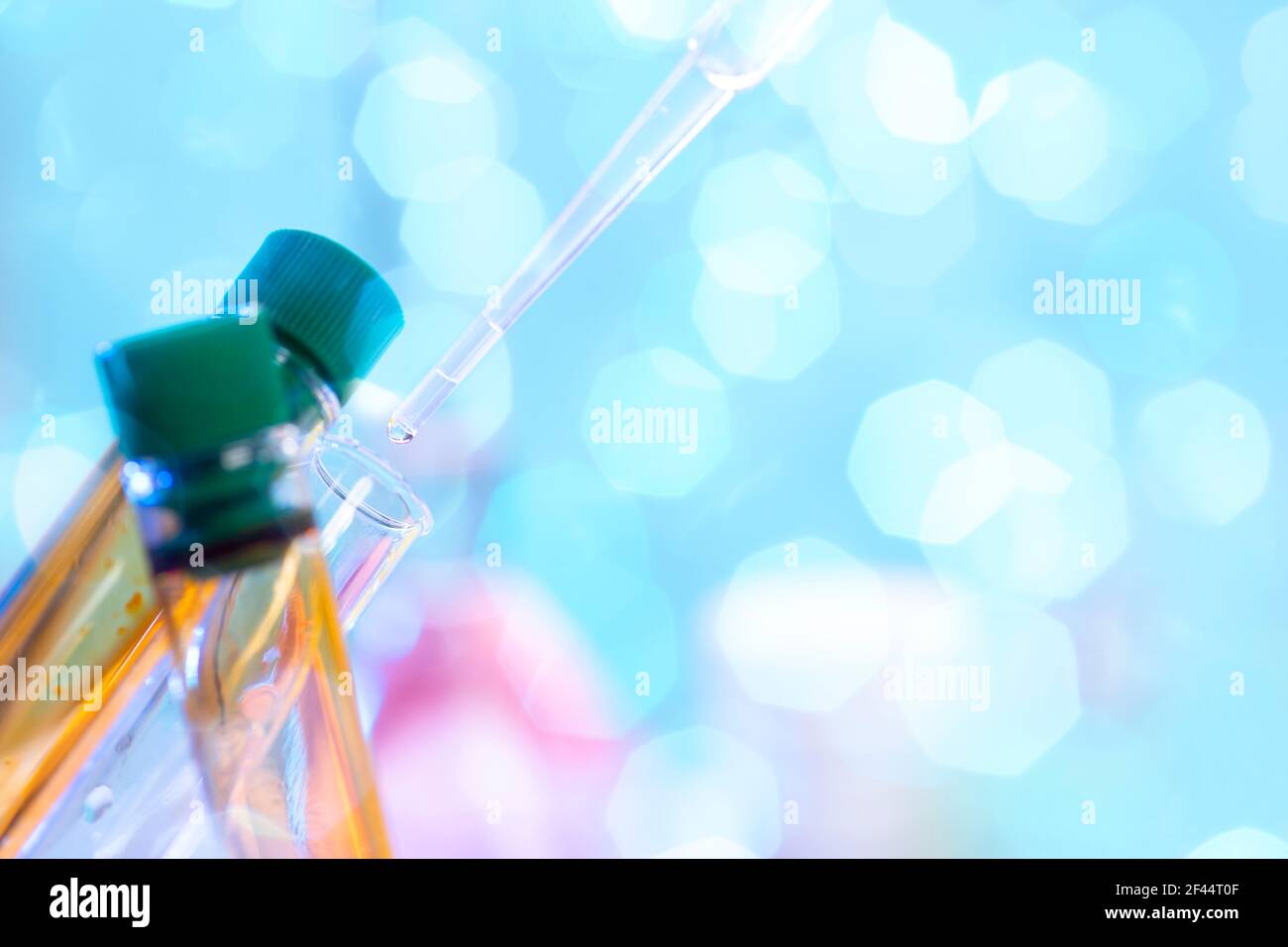 Chemical test tube and pipette with a drop of colorless liquid and two ...