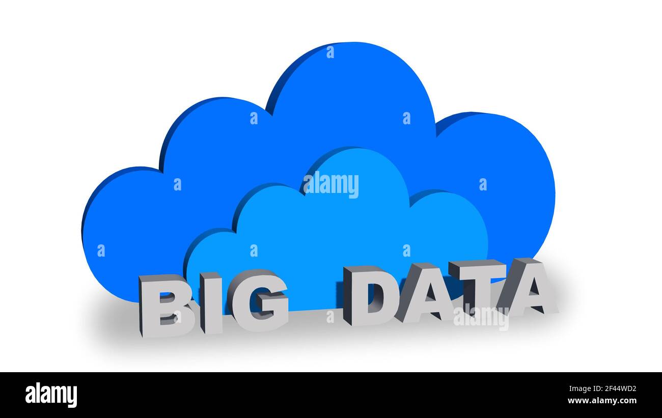BIG DATA - gray lettering in front of blue clouds on white background ...