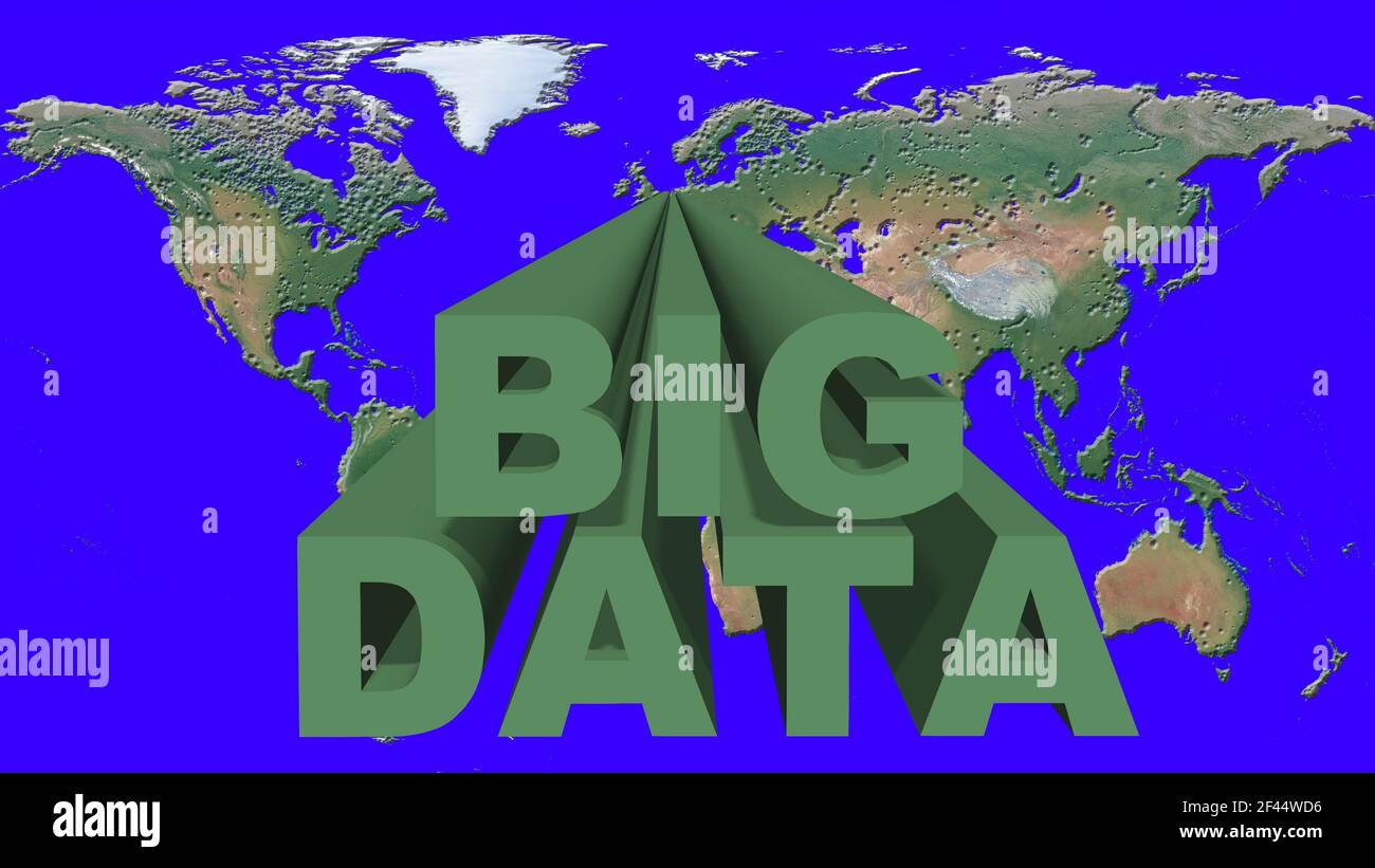 BIG DATA - green lettering in front of a world map on blue background ...