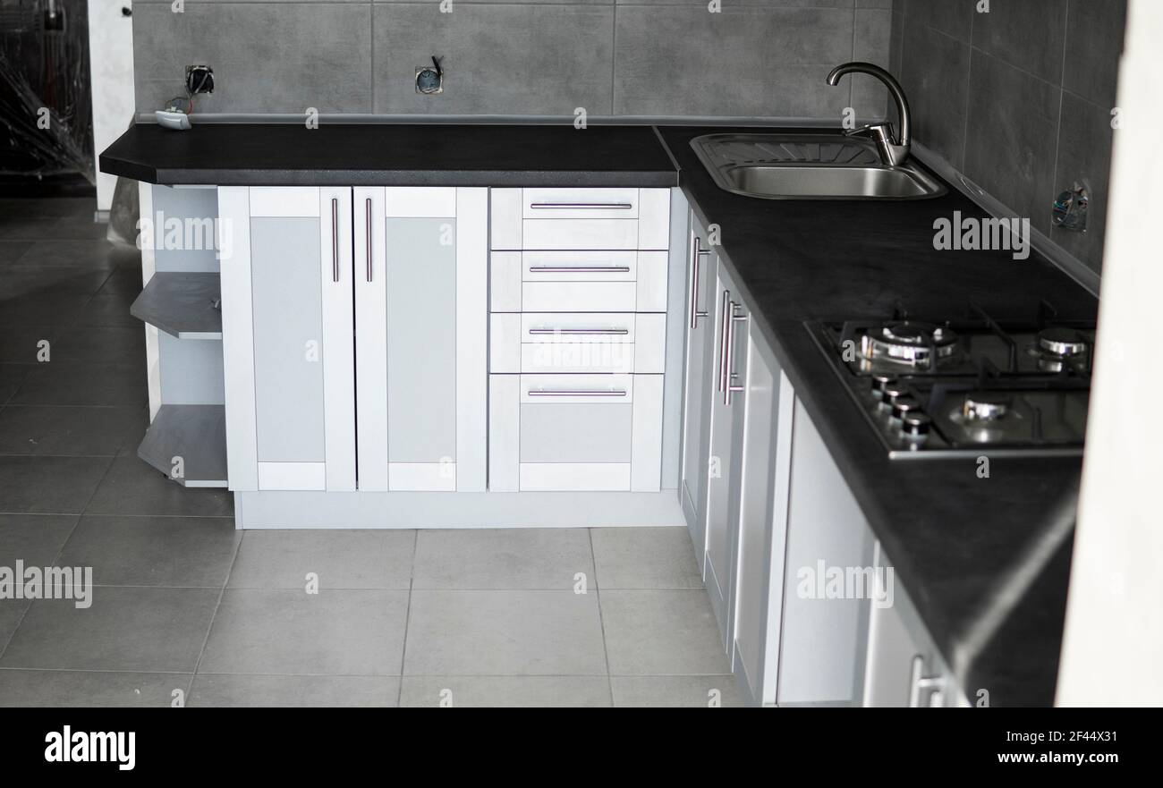 Modern minimalism style kitchen interior in monochrome tones. Custom ...