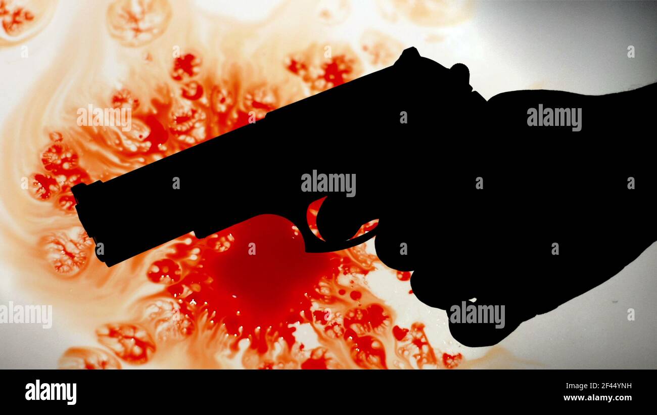 Pistol silhouette agains bloody background Stock Photo - Alamy