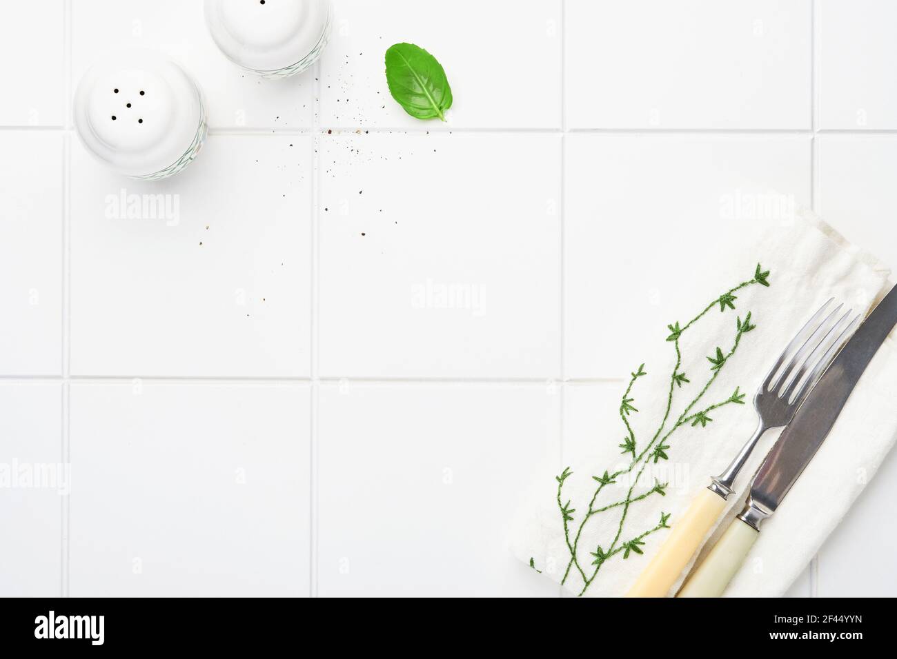 Food cooking background. Set of vintage fork, knife, napkin and pepper ...