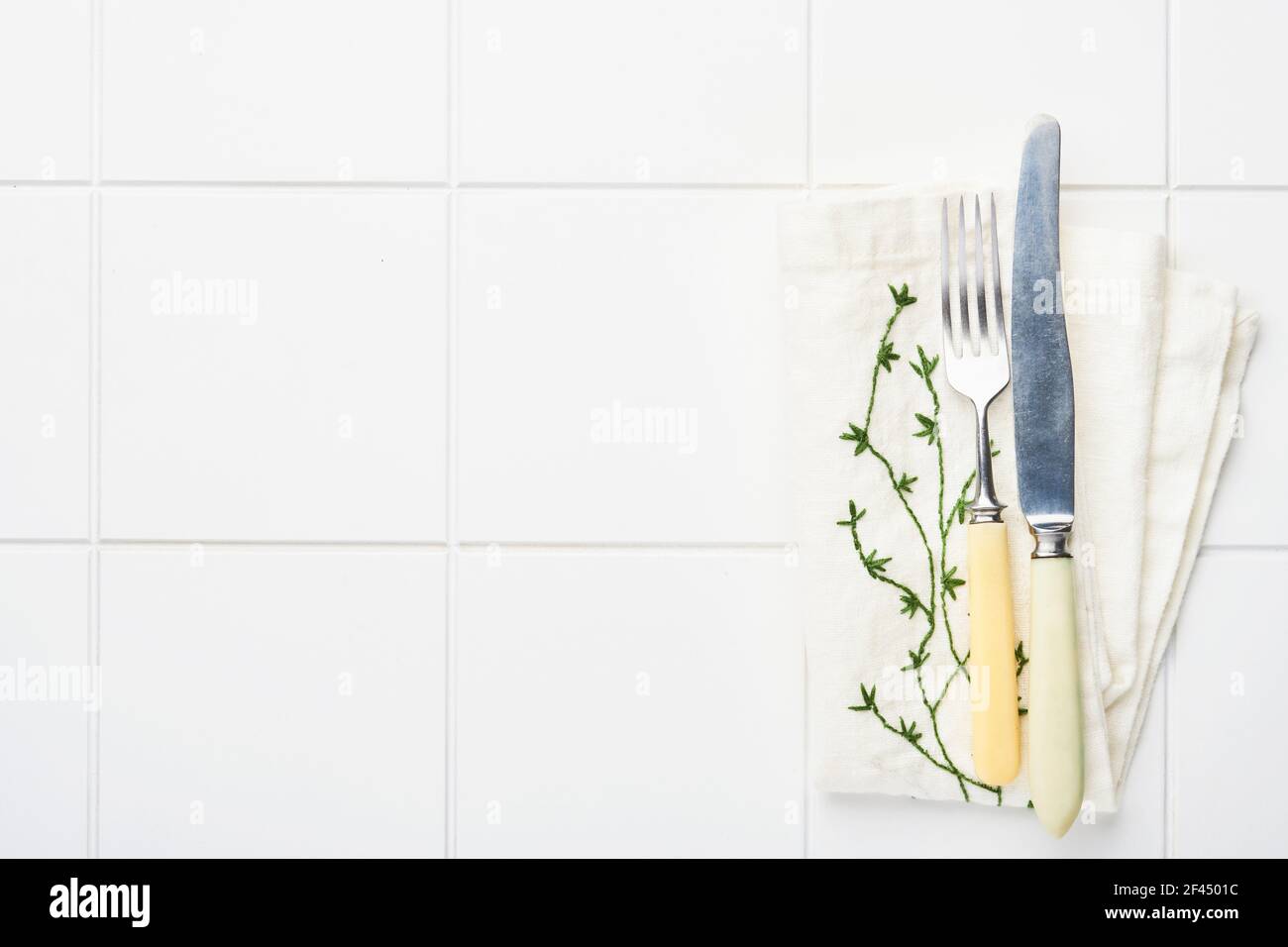Food cooking background. Set of vintage fork, knife, napkin and pepper ...
