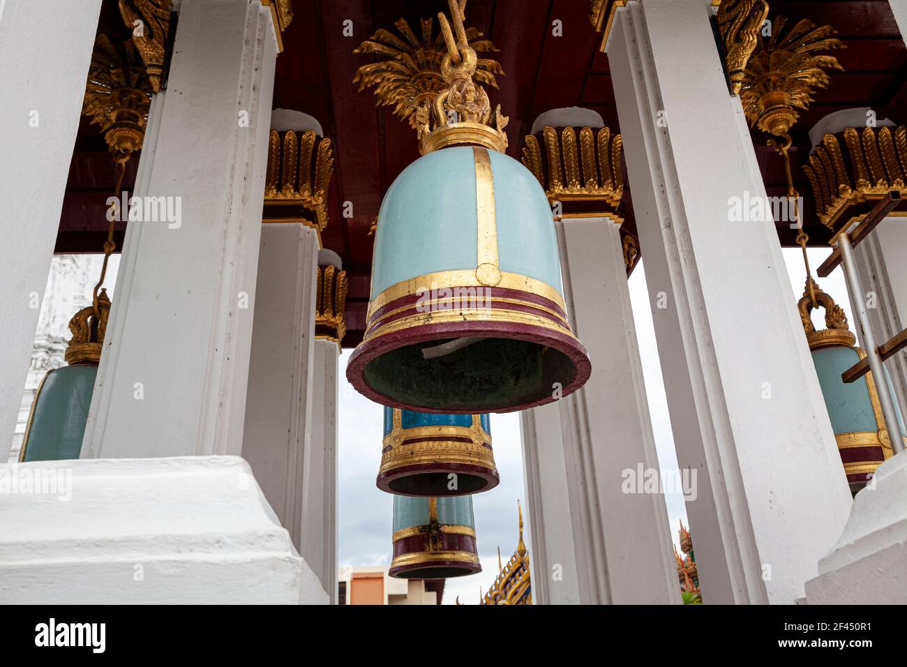 A close up view of bells at the temple complex of Wat Rakhang in ...