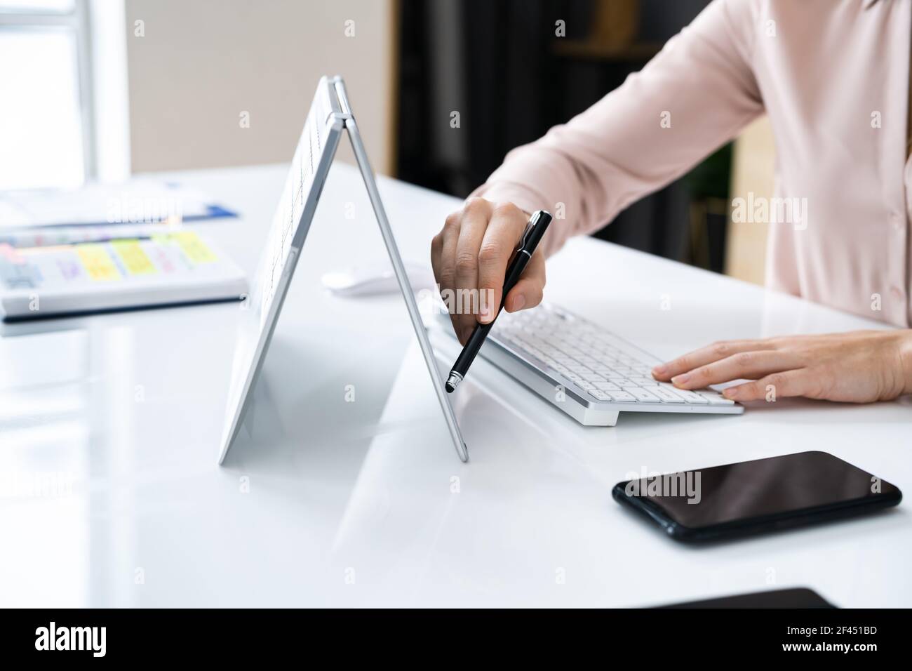 Graphic Designer Artist Drawing On Digital Tablet Or Hybrid Laptop ...