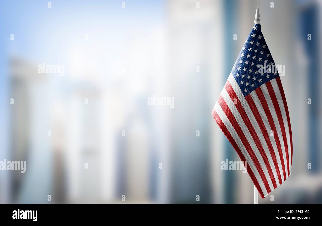 United States of America flag on the reception desk in the lobby of the ...