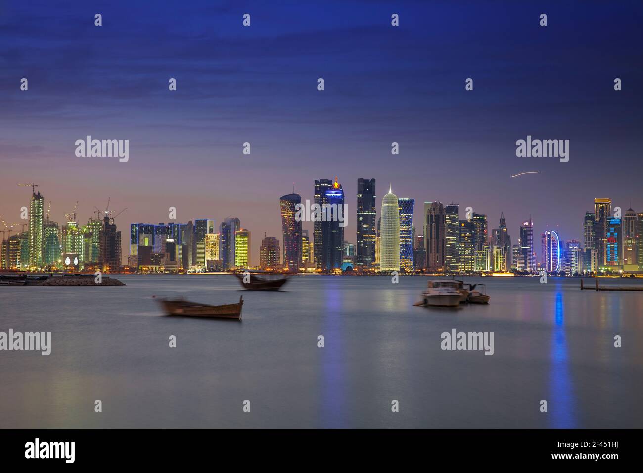 Qatar, Doha, Looking across Doha Bay to skyscrapers of West Bay Stock ...
