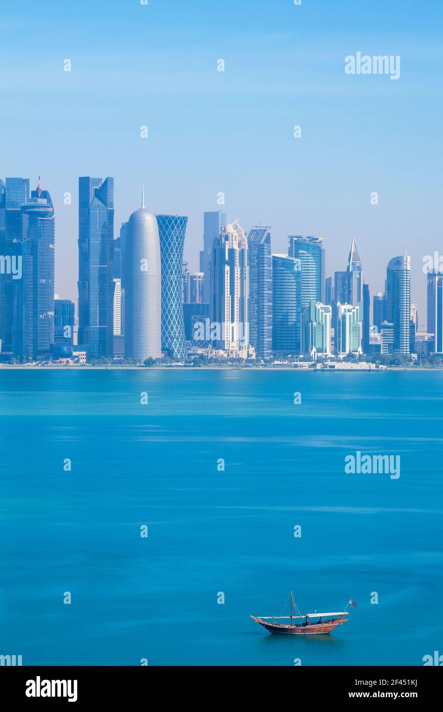 Qatar, Doha, Looking across Doha Bay to skyscrapers of West Bay Stock ...