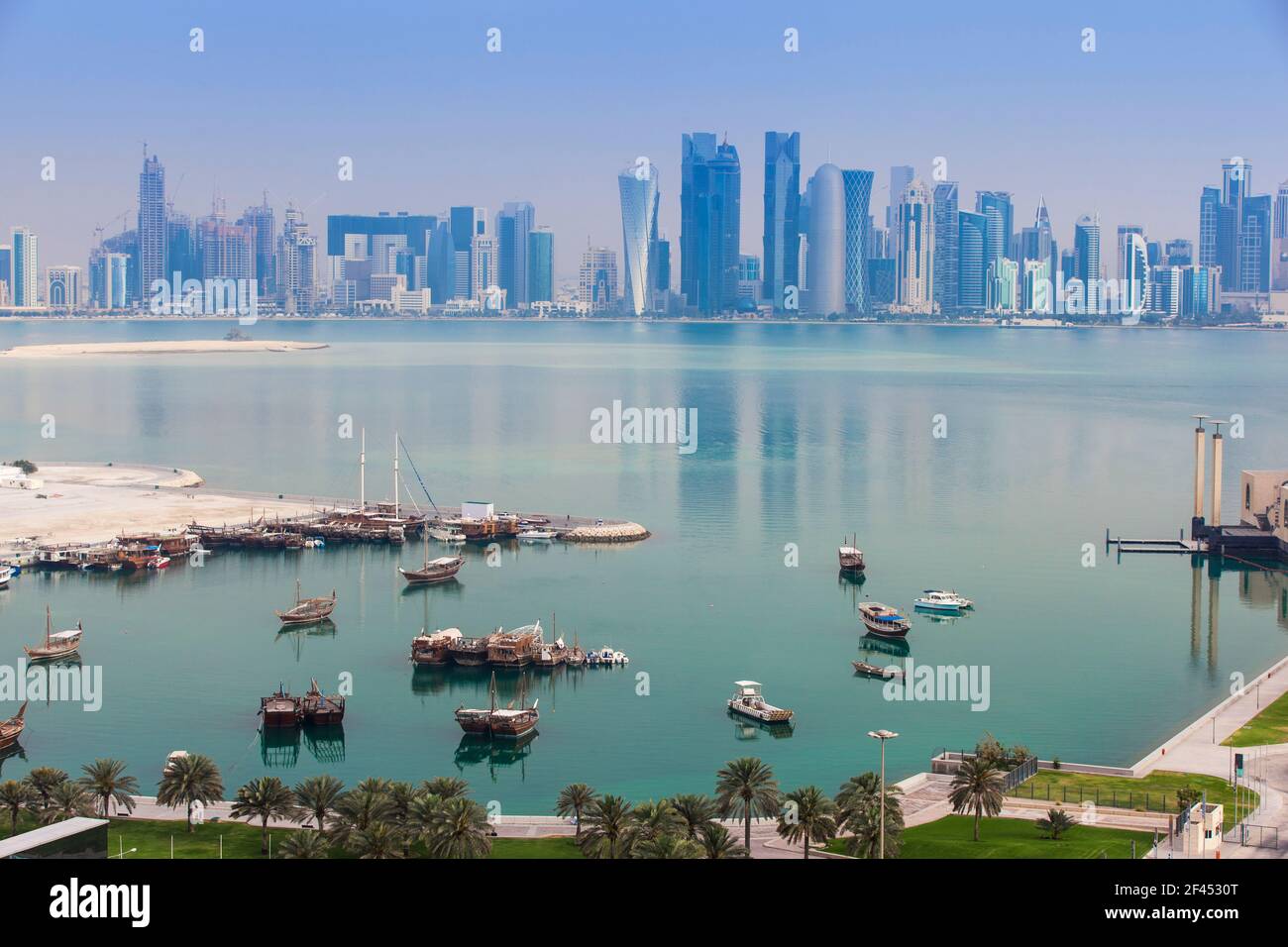 Qatar, Doha, Looking across Doha Bay to skyscrapers of West Bay Stock ...