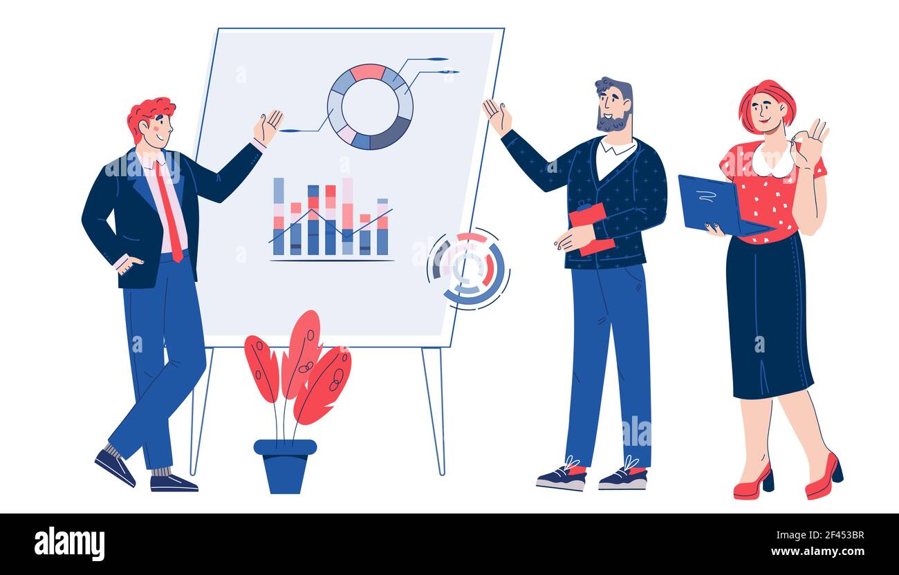 Companys analysts prepare a monthly report, cartoon vector isolated on ...