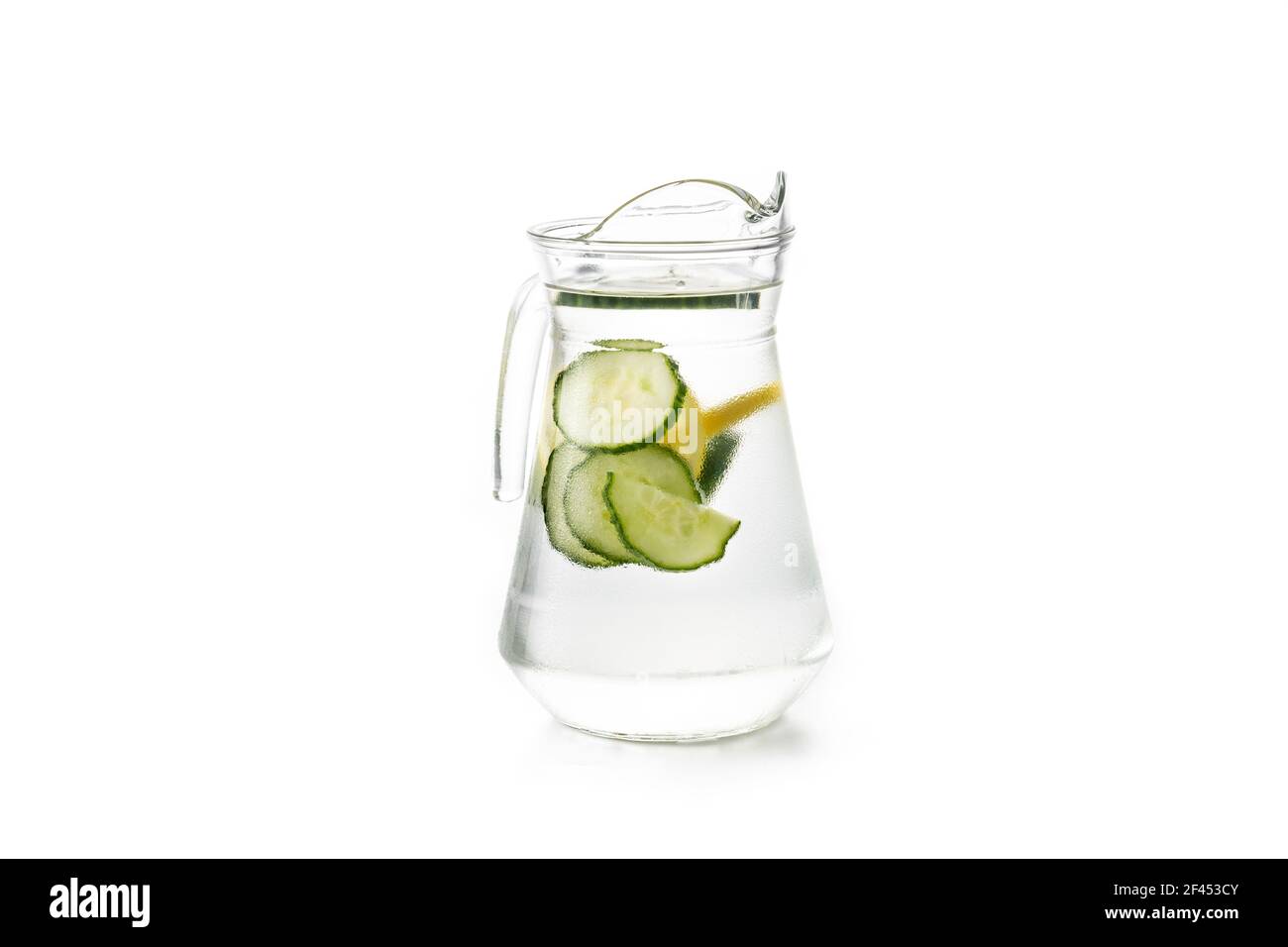 Sassy water or water with cucumber and lemon isolated on white ...