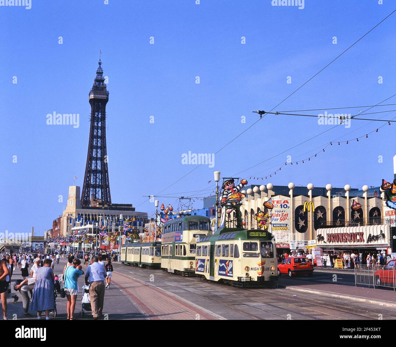Three heritage trams on the promenade. Blackpool, Lancashire, England ...