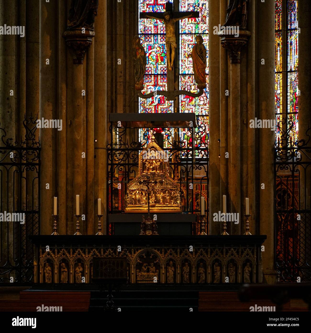 The inside the Cologne cathedral with a view at the Shrine of Three ...