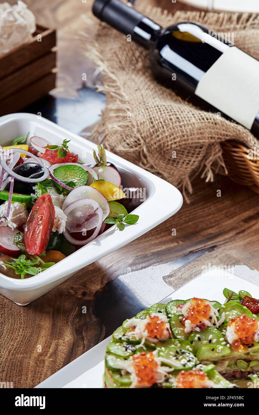 Classic Greek salad. Banquet festive dishes. Gourmet restaurant menu ...