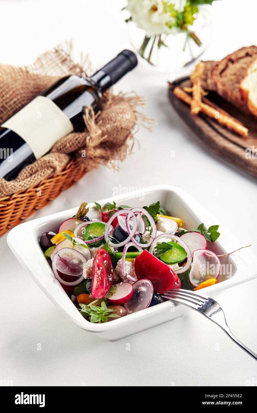 Classic Greek salad. Banquet festive dishes. Gourmet restaurant menu ...