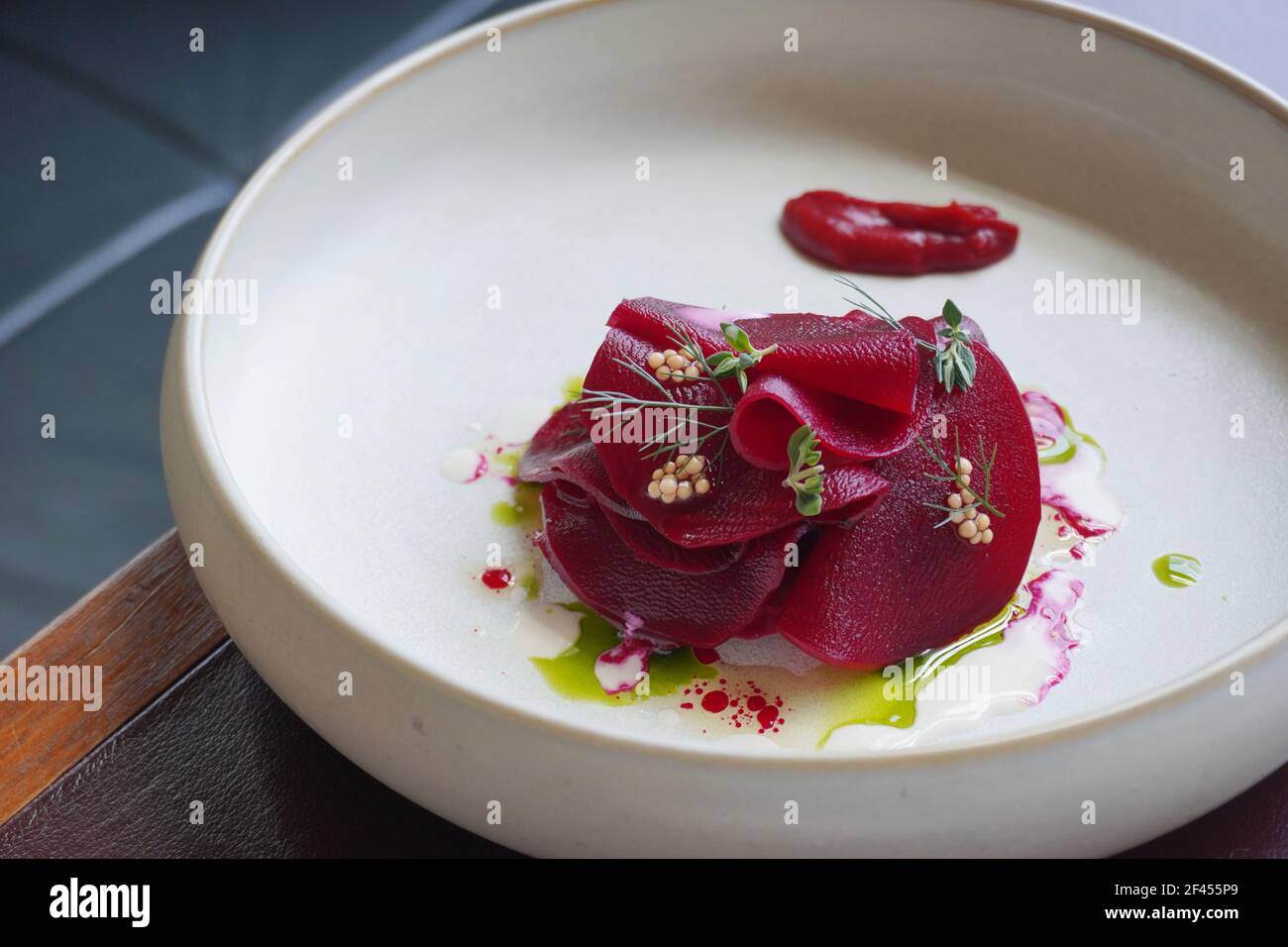 Three way organic highland beetroot tartare; roasted whole, salad with ...