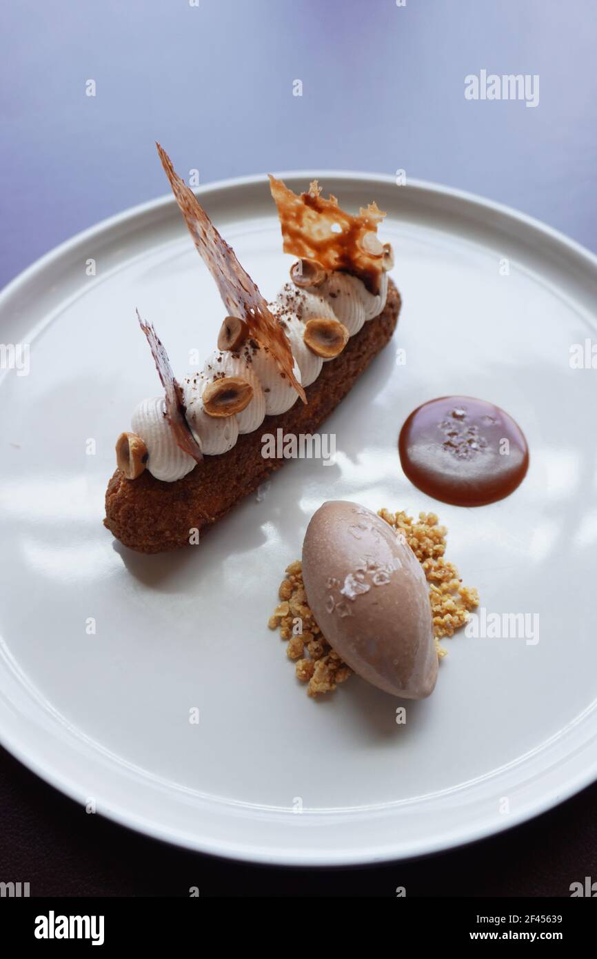 Hazelnut eclair, Sea salt caramel, hazelnut cream, chocolate ice cream ...