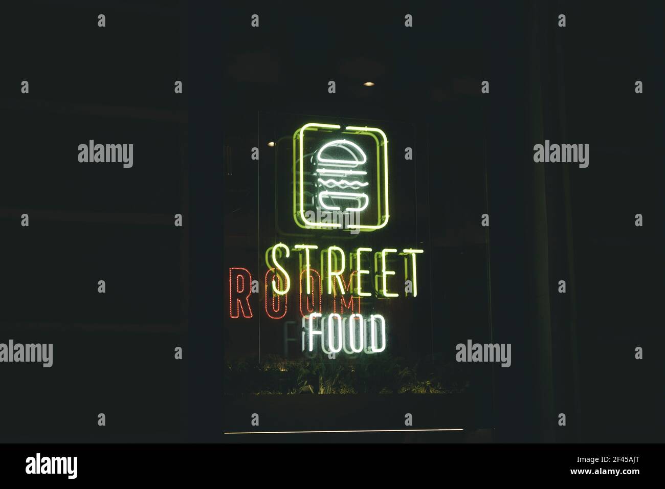 neon sign street fast food city restaurant cafe yellow color Stock ...