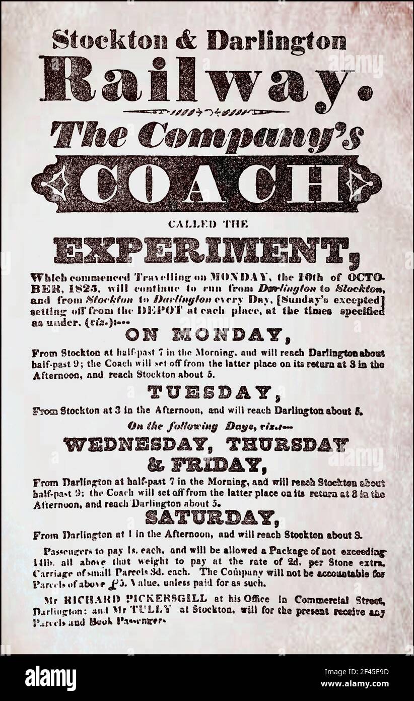 Advertising billboard, the first train on the Stockton and Darlington ...