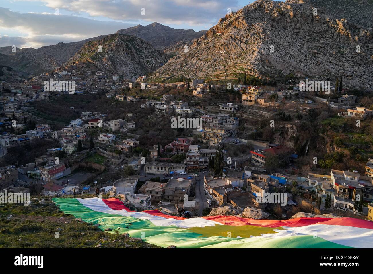 Kurdistan Country Kurds Place A Flag Of Kurdistan Over One Of The