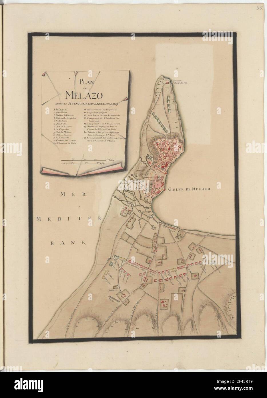 Map of Melazo with the attacks of Spanish. 1718 and 1719 Stock Photo ...