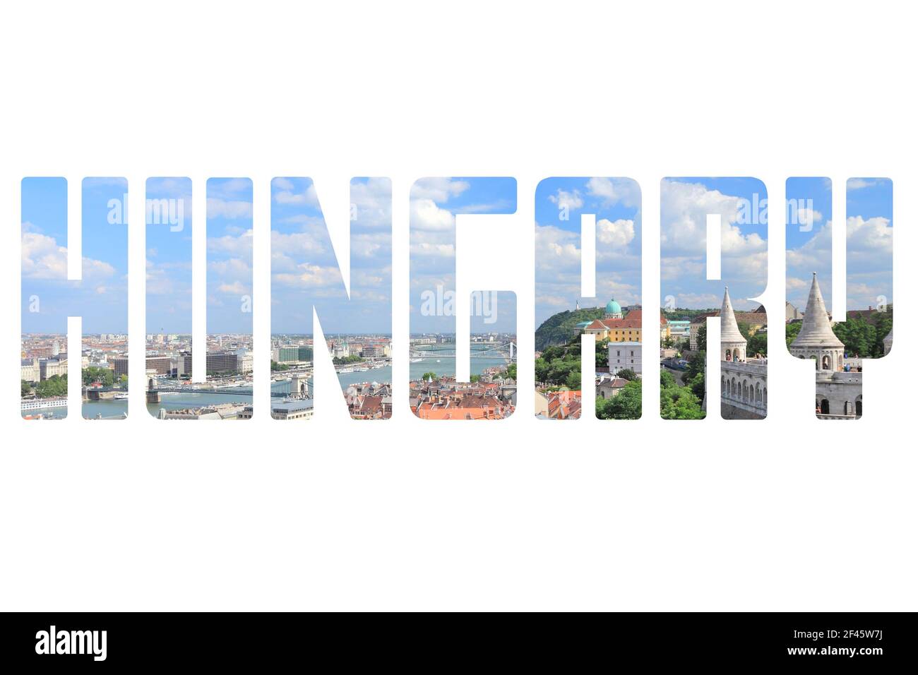 Hungary word - country name with background travel postcard photo Stock ...