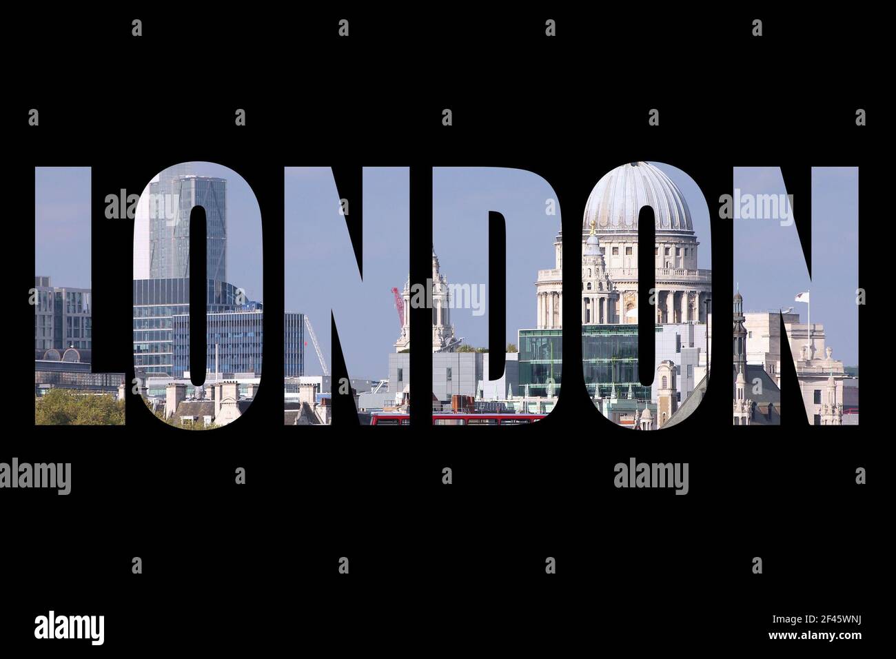 London UK - city name word with photo in background. Isolated on black ...