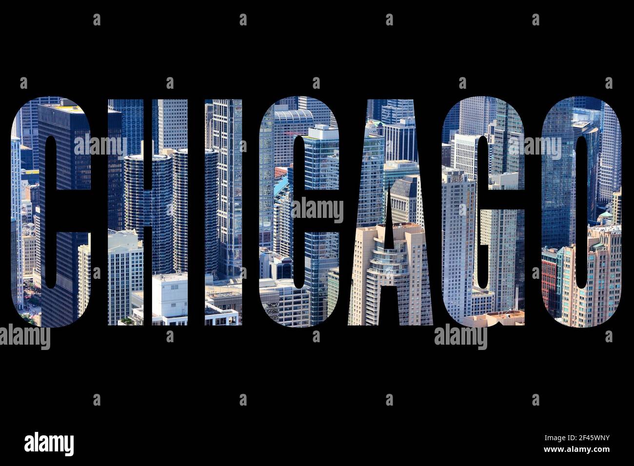 Chicago city name - USA travel destination sign on black background ...
