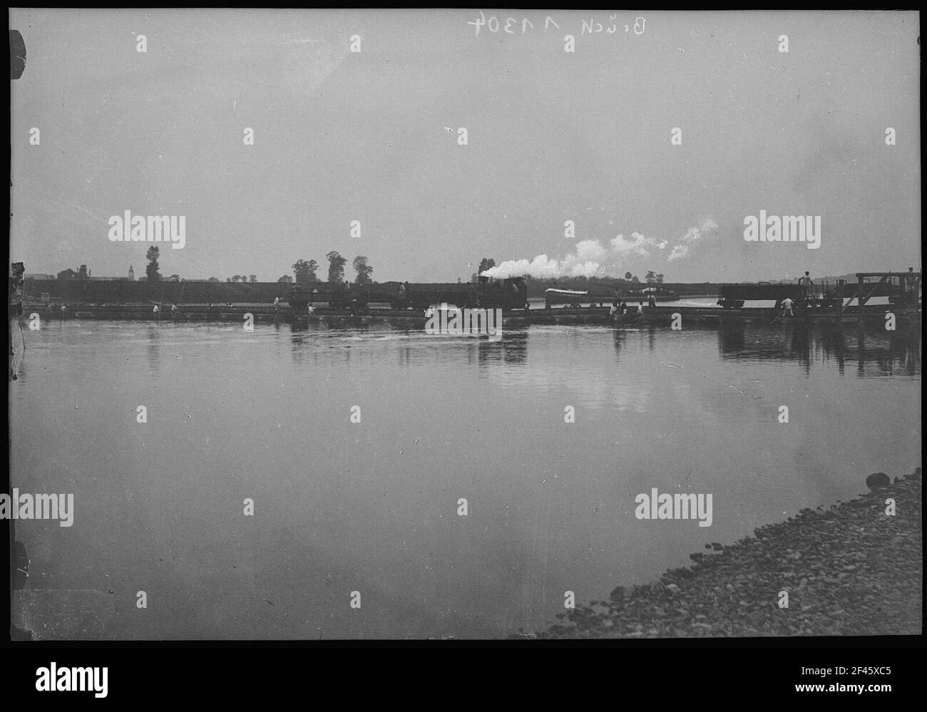 German railway troops. Field train to the pontoon bridge Stock Photo ...