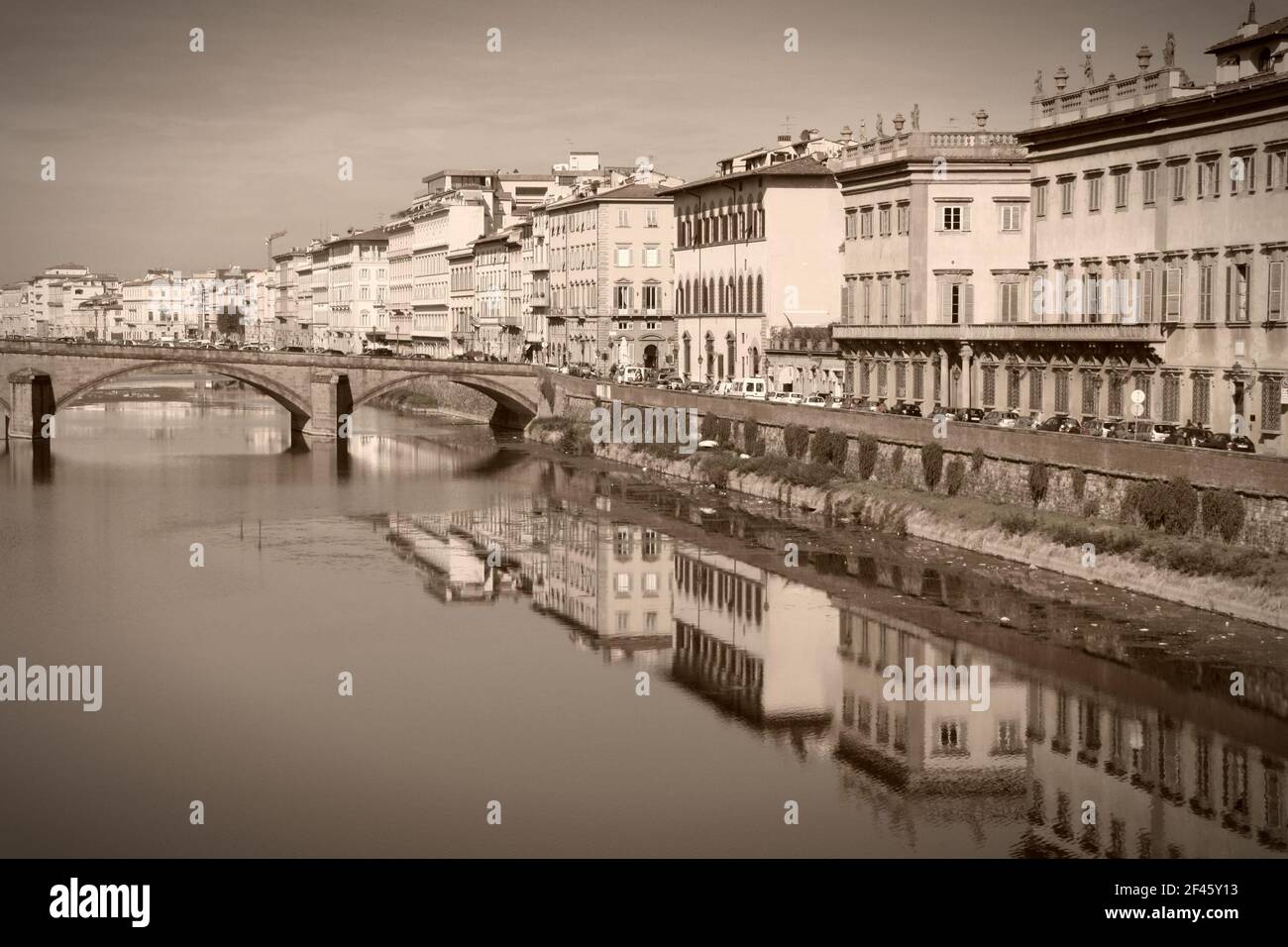 Cityscape of Florence, Italy with river Arno reflection. Sepia tone ...
