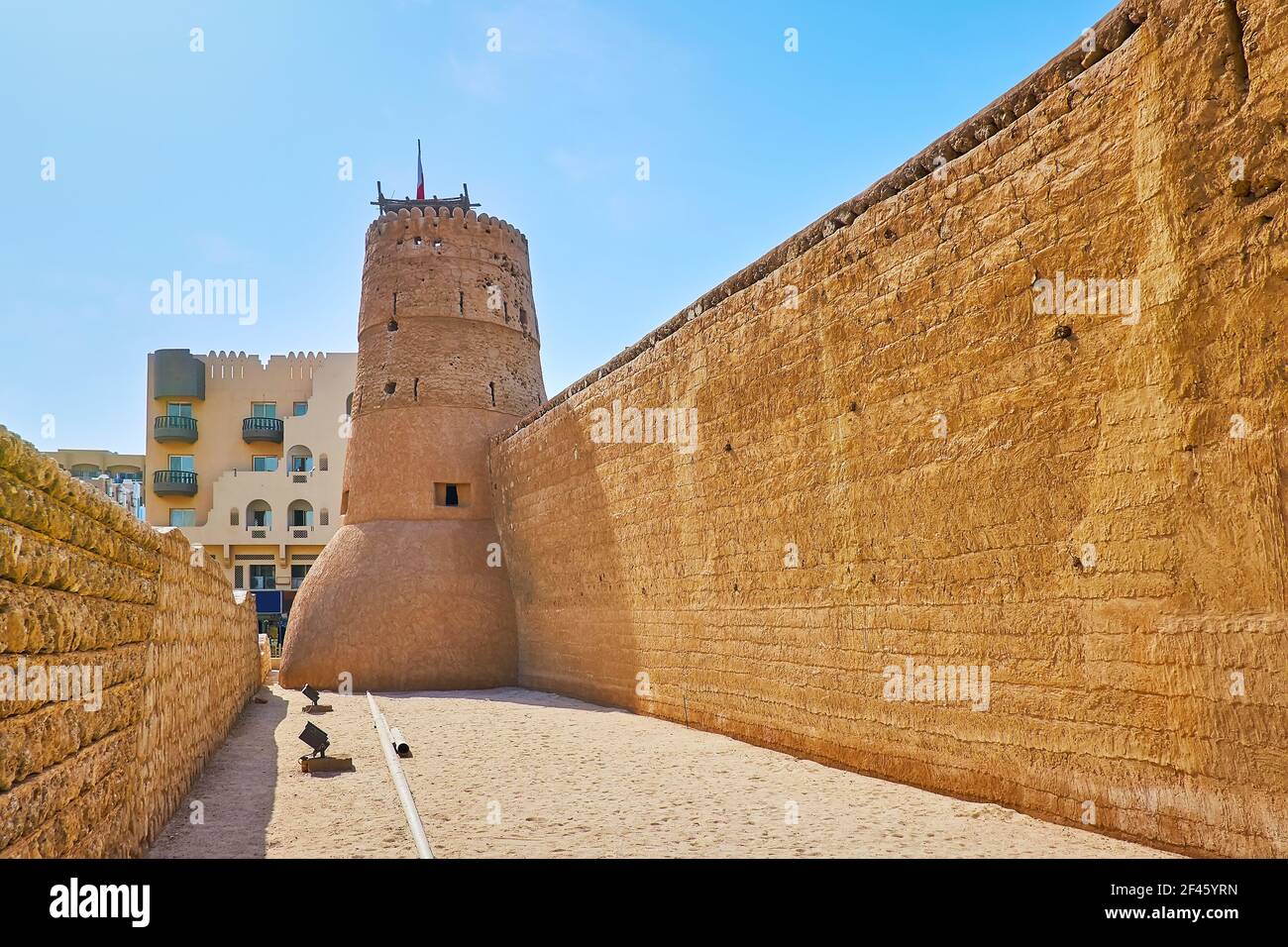 The restored rampart and watchtower of medieval Al Fahidi Fort, built ...