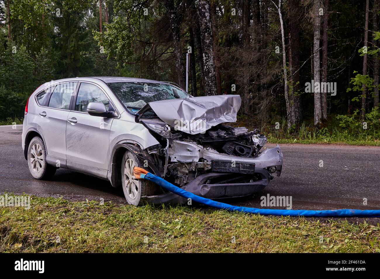 June 20, 2020 Ogre, Latvia: car after a collision with a heavy truck ...