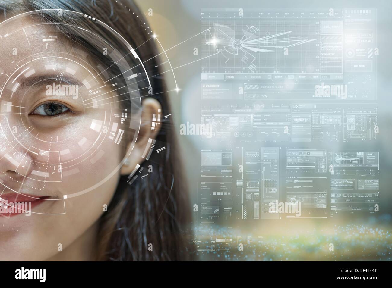 Asian women being futuristic vision, digital technology screen over the ...