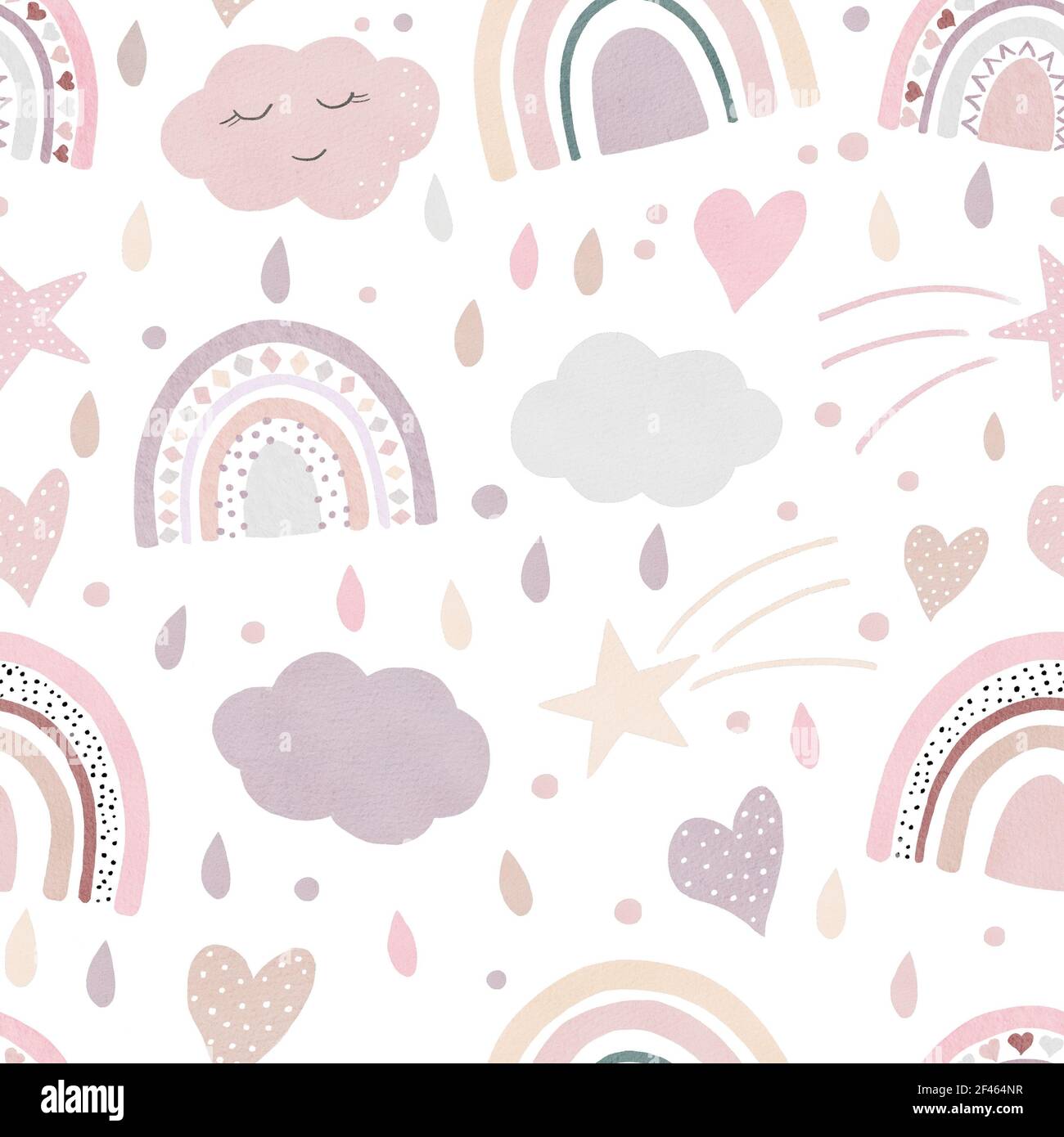 Kids watercolor digital paper with boho rainbows, clouds, hearts, stars ...
