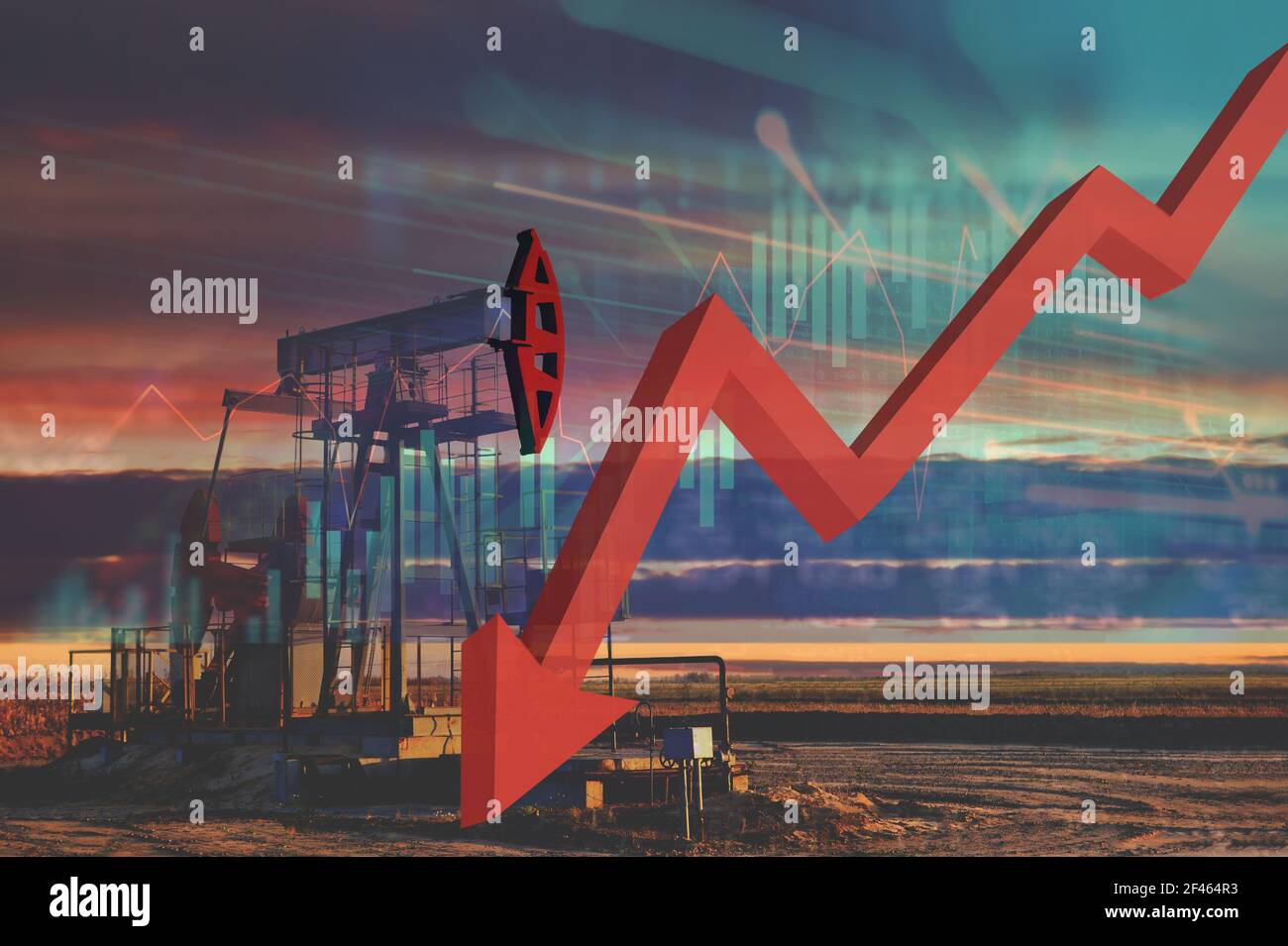 Crude mining concept and graph of falling oil prices on the trading ...