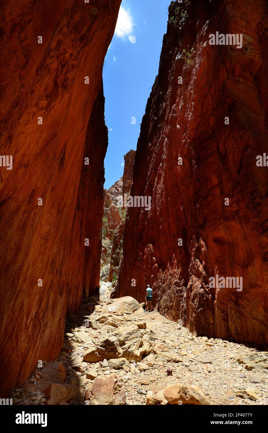 Australia, NT, woman walking through remarkable Standley Chasm in ...